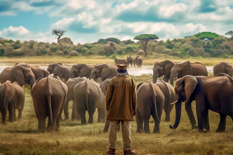 A Man Standing in Savannah and Looking at Group of Elephants Generative ...