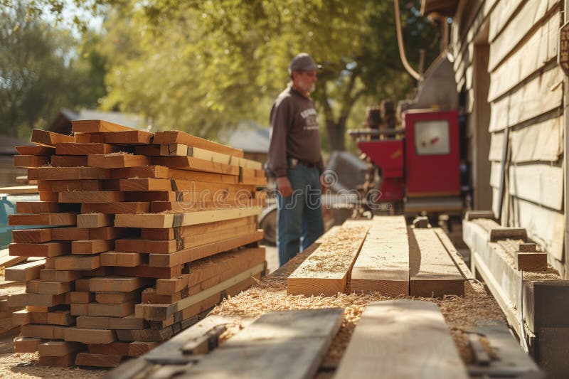 Man Standing by a Sawmill with a Stack of Finished Wood Planks Stock ...