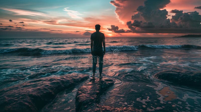 Man Standing on the Shore Watching the Ocean Waves at Sunset Stock ...