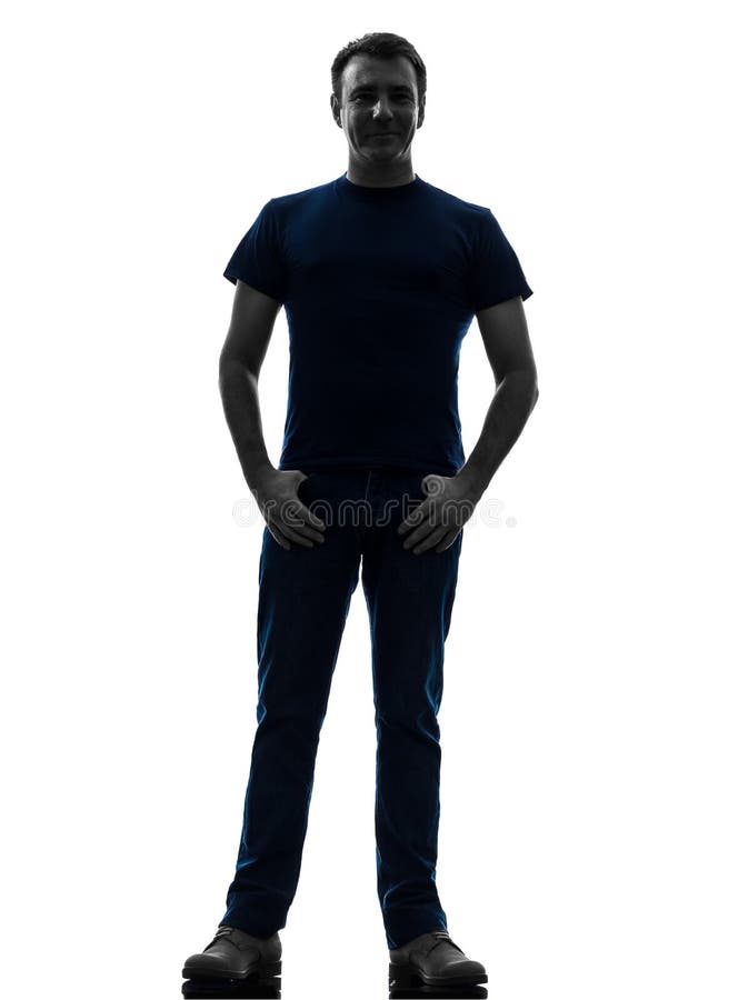 Man Standing Smiling with Thumbs in Pockets Silhouette Stock Image ...