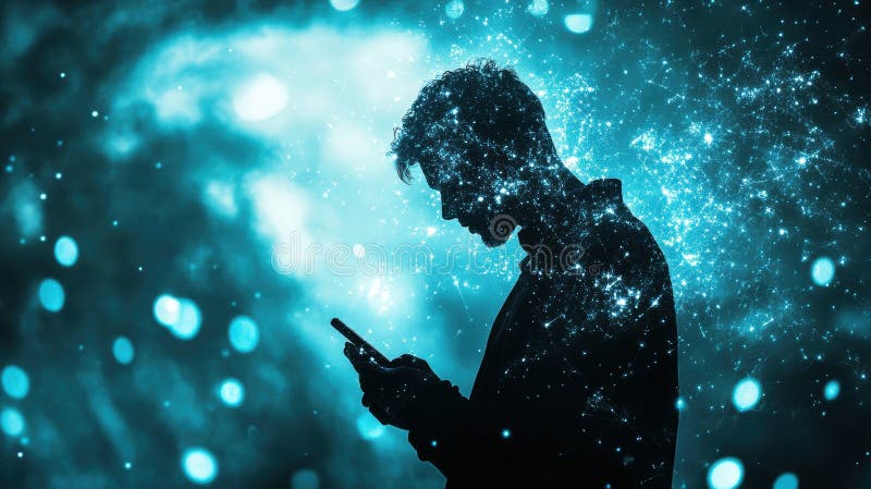 A Man Standing in the Snow Looking at His Cell Phone Stock Illustration ...