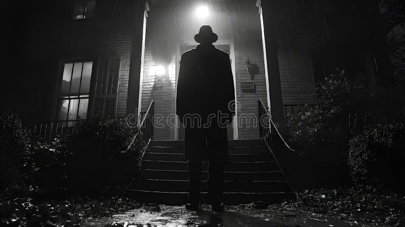 A Man Standing on Steps Outside a Building at Night Stock Illustration ...