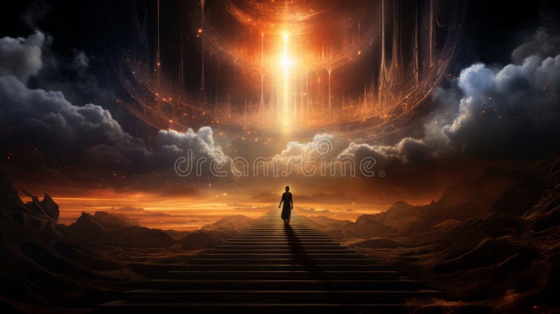 A Man Standing on the Steps of a Staircase Leading To a Bright Light in ...