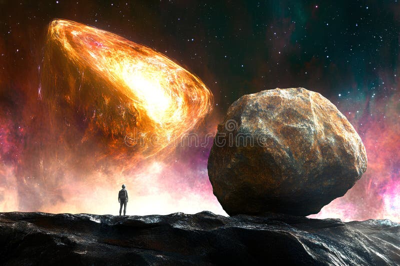 Man Standing on Stone and Looking at Huge Asteroid. Stock Illustration ...