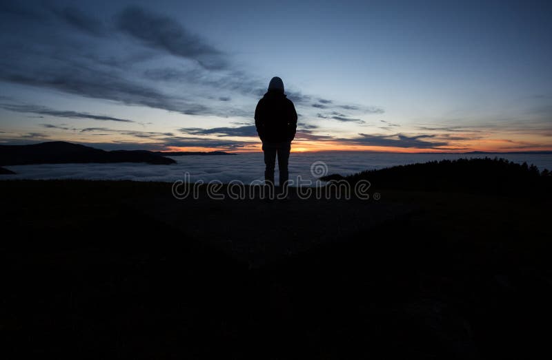 Man Standing in Sunset Above Valley Stock Photo - Image of climber ...