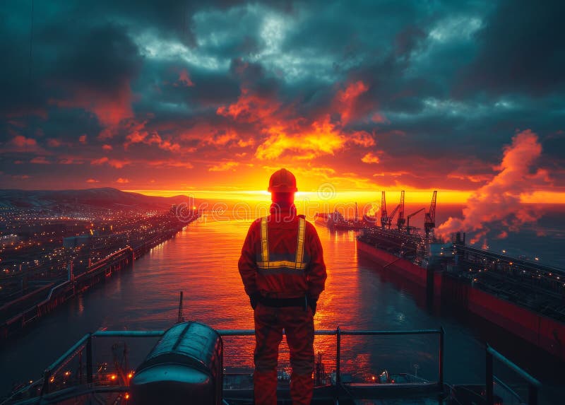Man is Standing on Tanker during Sunset Stock Photo - Image of young ...