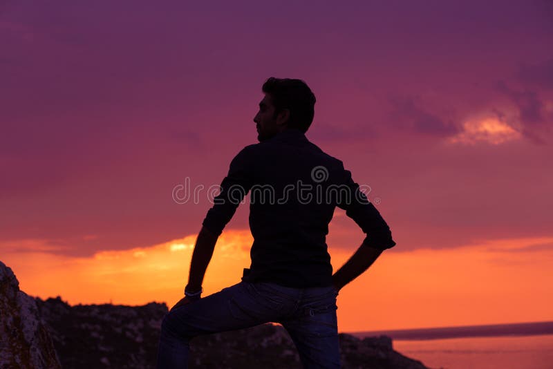 Man Standing Thinking Back Light Sunset Lighting Side View Profile ...