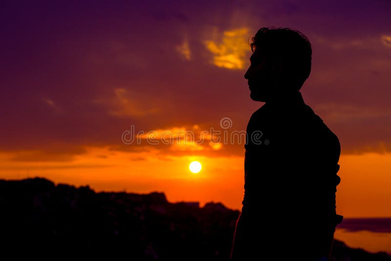 Man Standing Thinking Back Light Sunset Lighting Side View Summer ...