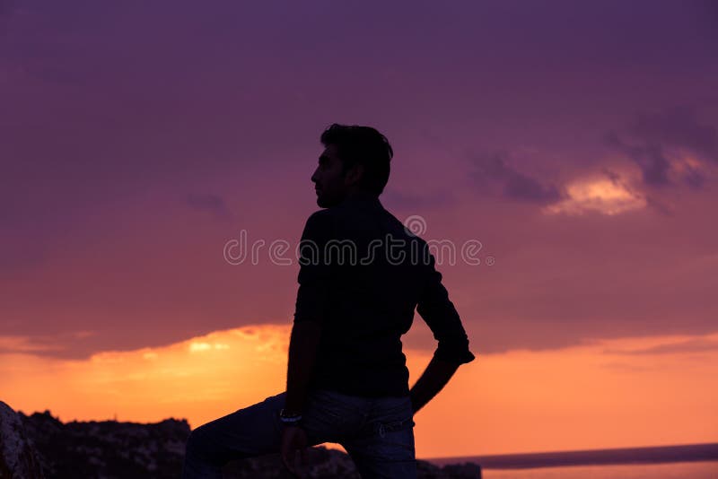 Man Standing Thinking Back Light Sunset Lighting Side View Summer ...