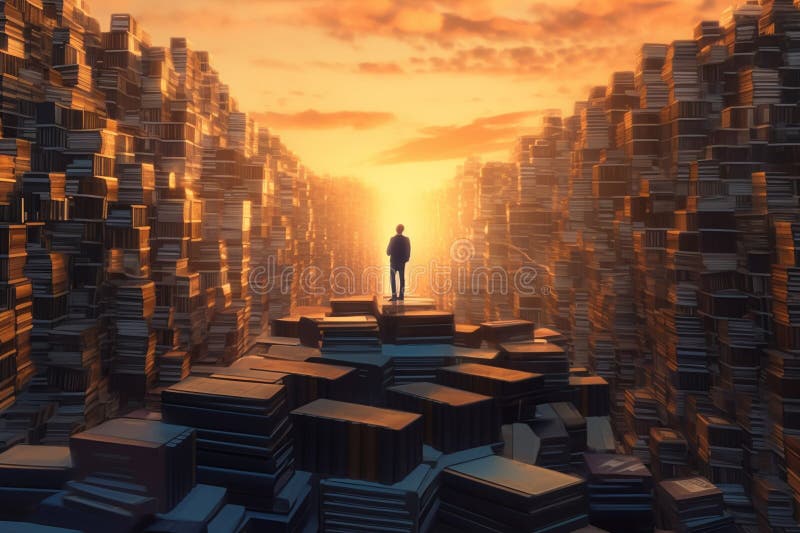 Man Standing on Top of Books and Looking at Sunset. Vector Illustration ...