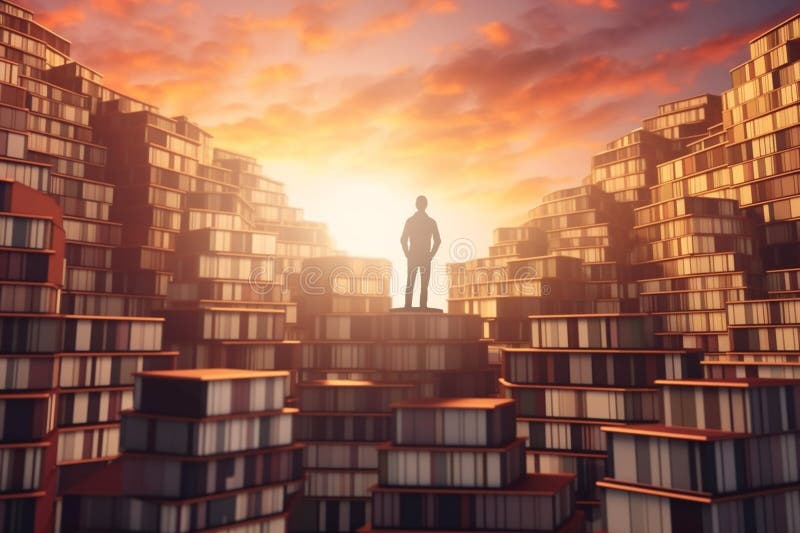 Man Standing on Top of Books and Looking at Sunset. Vector Illustration ...