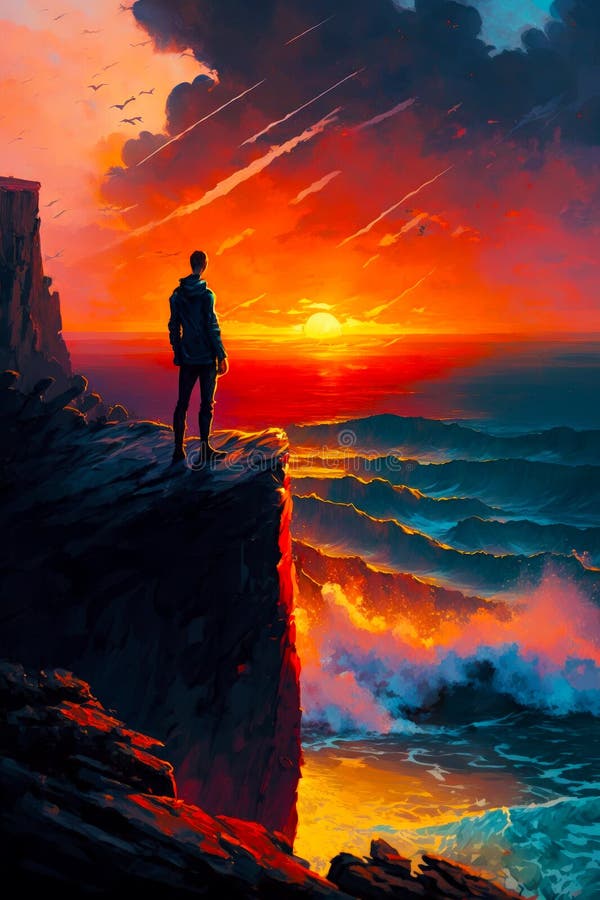 Man Standing on Top of Cliff Overlooking the Ocean. Generative AI Stock ...