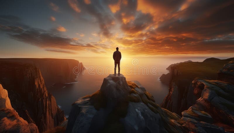 Man Standing on Top of Cliff at Sunset , Back View or No Face ...