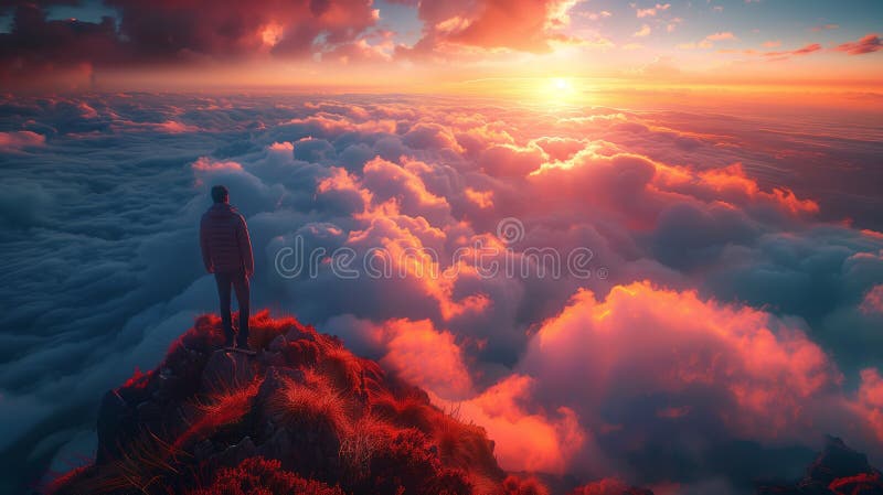 Man Standing on Top of Mountain Above Clouds Stock Image - Image of ...