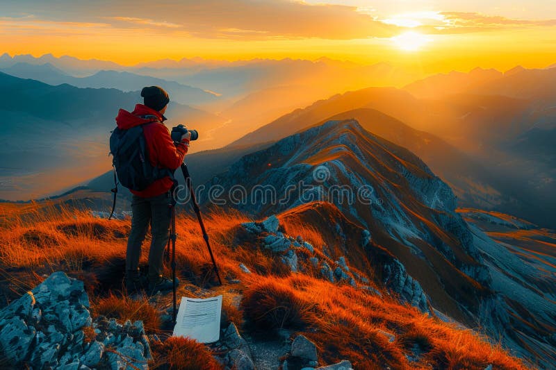 A Man Standing on Top of a Mountain with His Camera Stock Image - Image ...