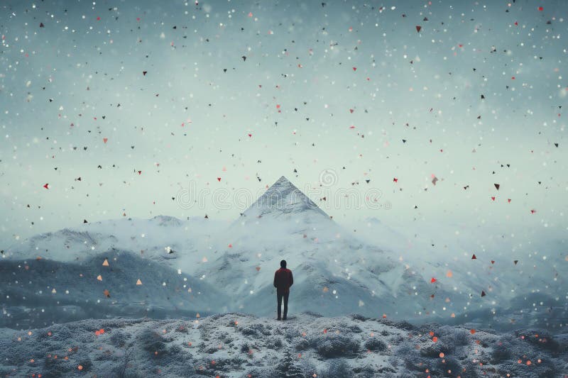 Man Standing on Top of a Mountain and Looking at the Snowfall Stock ...