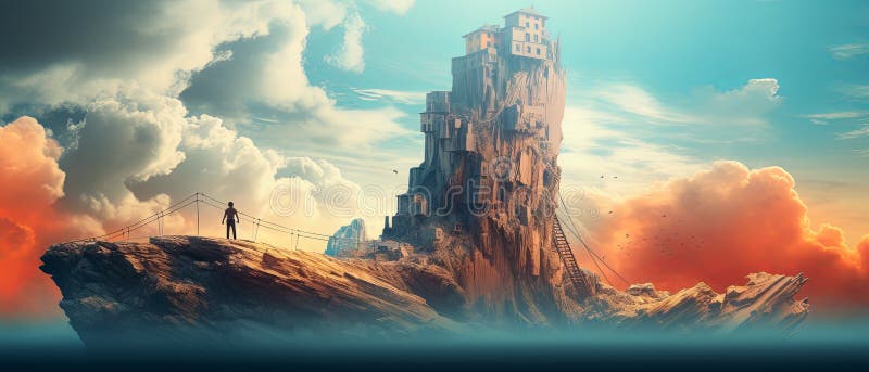 Man Standing on Top of Mountain Next To Tall Tower Stock Image - Image ...