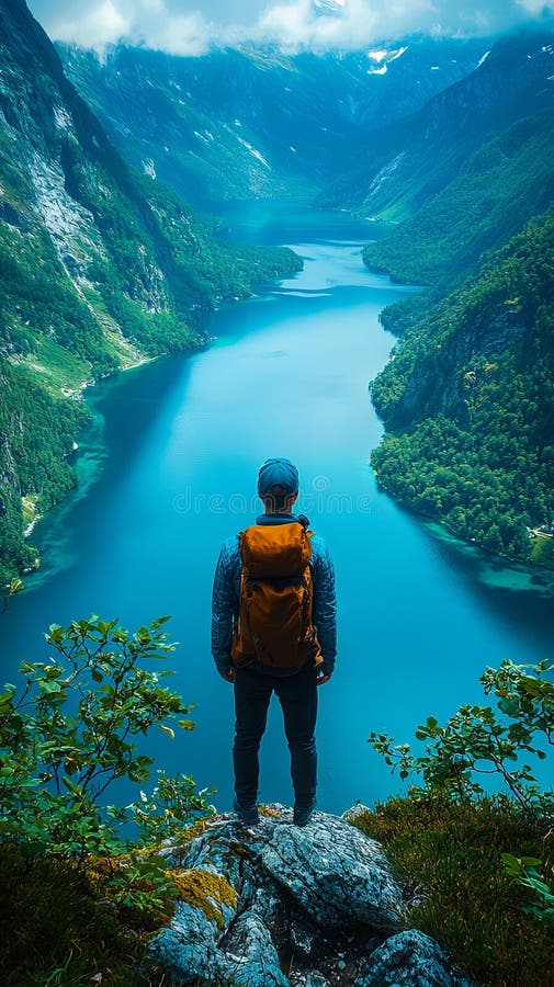 A Man Standing on Top of a Mountain Overlooking a Lake Stock Photo ...