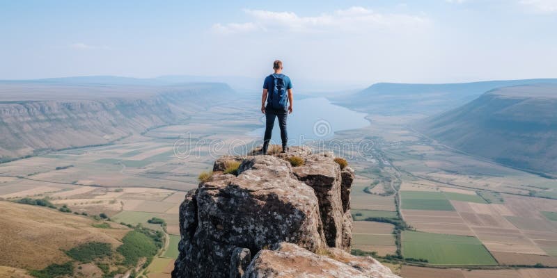 Man Standing on Top of a Mountain Overlooking a Valley. Generative AI ...