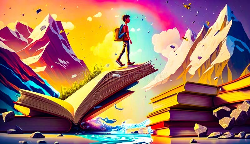 Man Standing on Top of an Open Book. Generative AI Stock Illustration ...