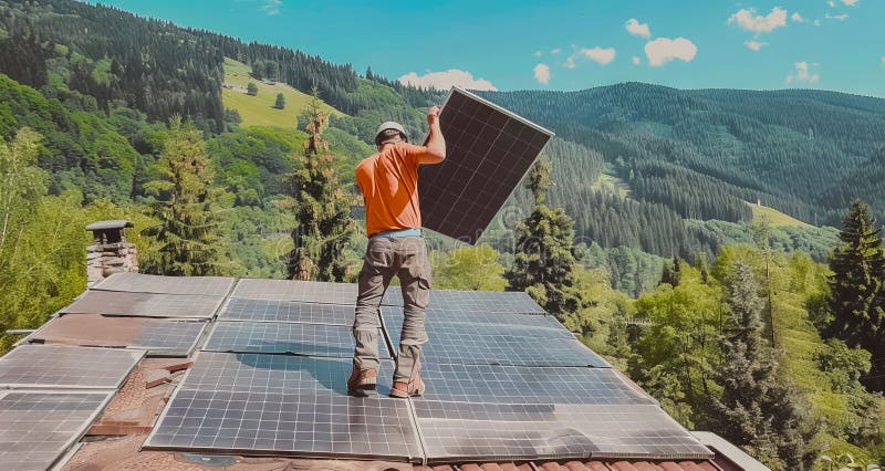 A Man Standing on Top of a Roof Holding a Solar Panel Stock Photo ...