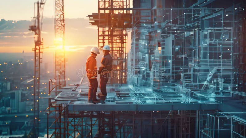 Man Standing on Top of Skyscraper, Contractors at Work on a Futuristic ...