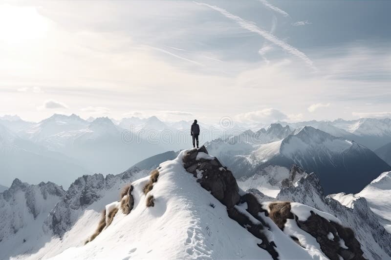 Man Standing on the Top of a Snowcapped Mountain Peak. Panoramic View ...