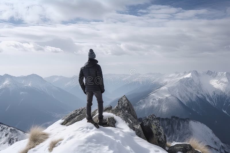Man Standing on the Top of a Snowcapped Mountain Peak. Panoramic View ...
