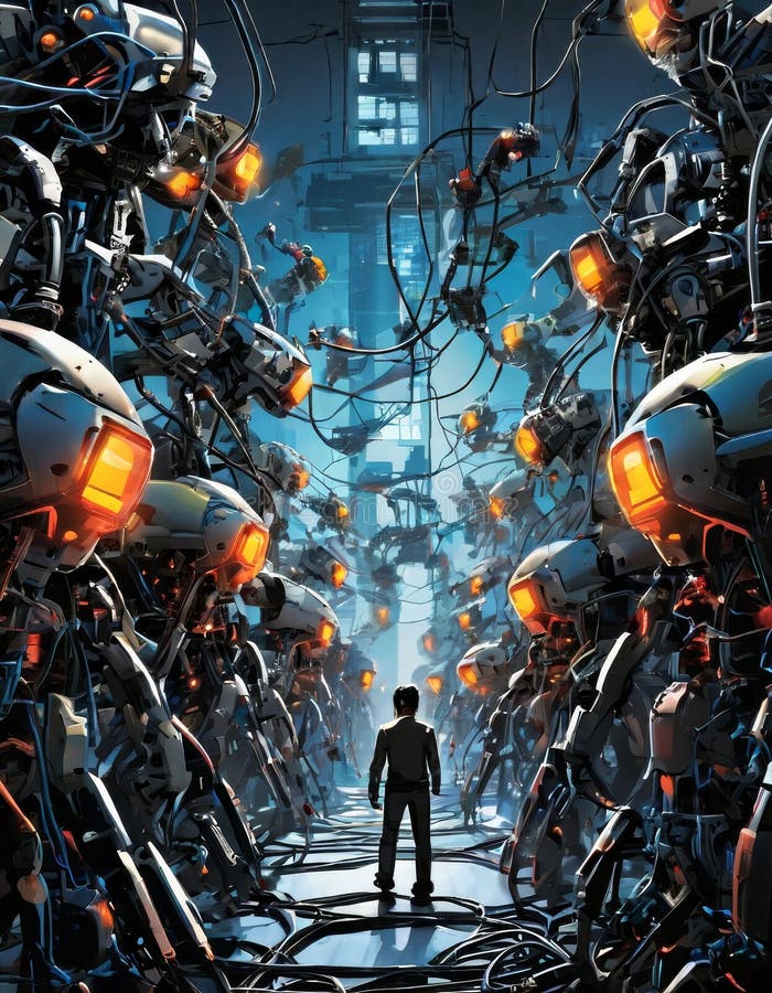 Man Standing among Towering Robots in a High-tech Facility Stock Image ...