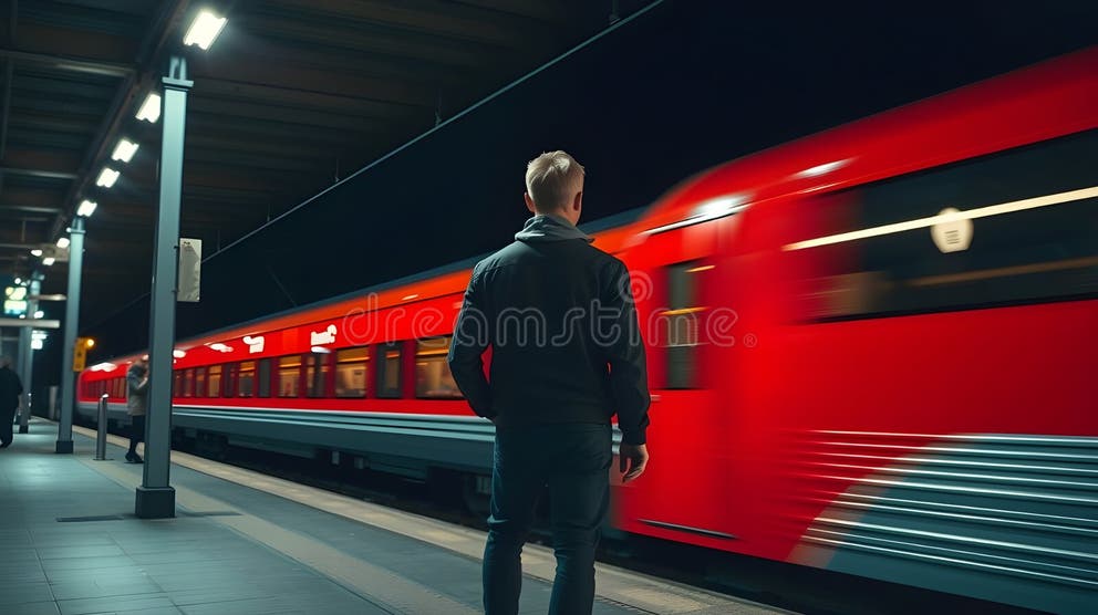 A Man Standing on a Train Platform at Night Stock Illustration ...