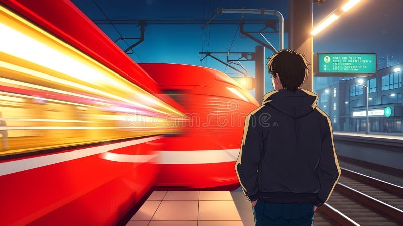 A Man Standing on a Train Platform at Night Stock Illustration ...