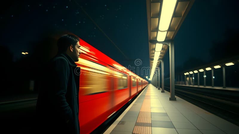 A Man Standing on a Train Platform at Night Stock Illustration ...