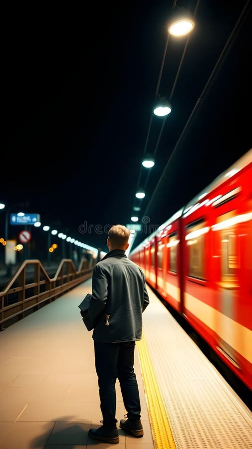 A Man Standing on a Train Platform at Night Stock Illustration ...