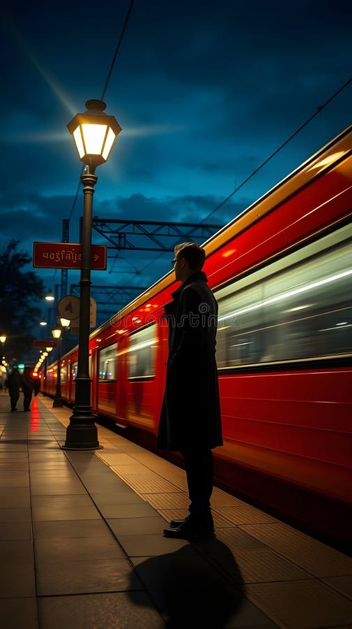 A Man Standing on a Train Platform at Night Stock Illustration ...