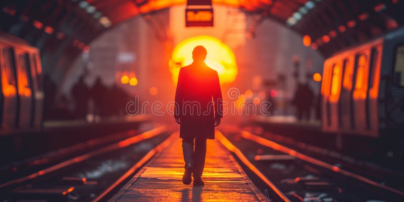 Man Standing on Train Platform at Sunset Stock Photo - Image of ...