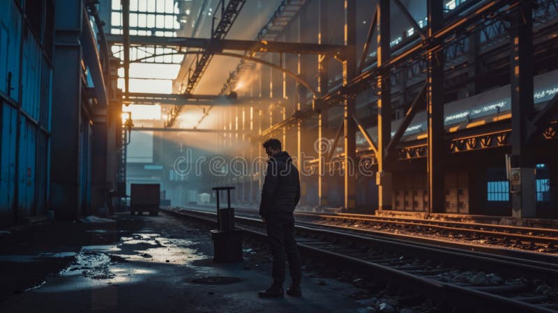 A Man Standing on a Train Track in an Industrial Area Stock Photo ...