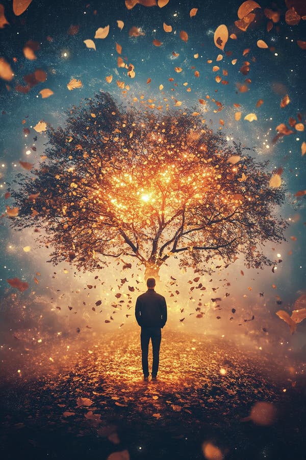 A Man Standing Under a Glowing Tree Its Falling Leaves Forming ...