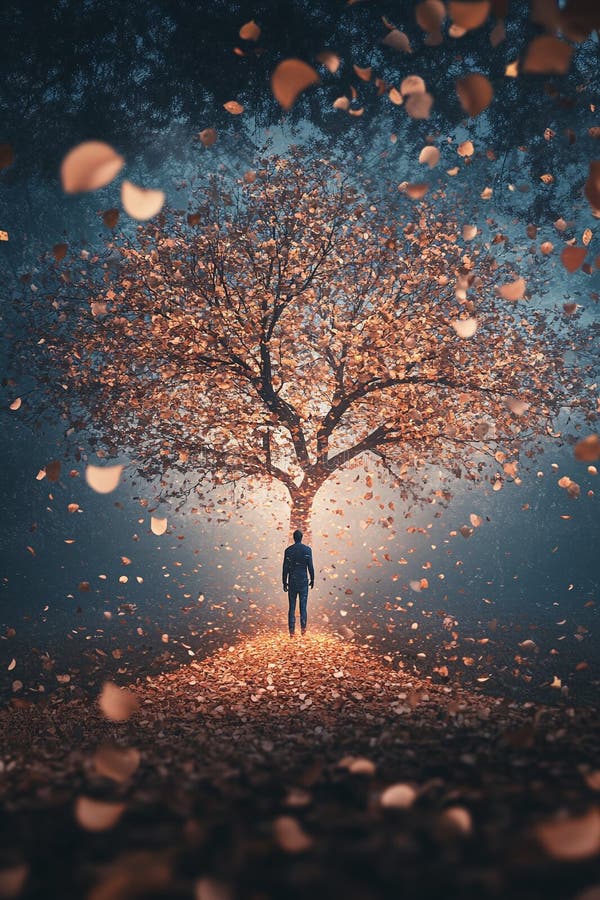 A Man Standing Under a Glowing Tree Its Falling Leaves Forming ...