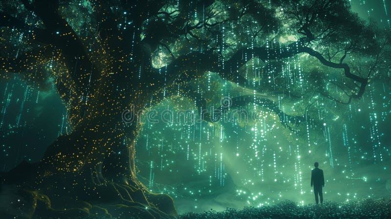 Man Standing Under a Large Tree with Glowing Lights at Night Stock ...