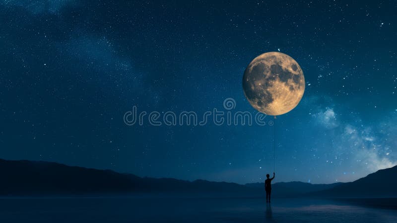Man Standing Under a Starry Night Sky with a Full Moon, Holding a ...