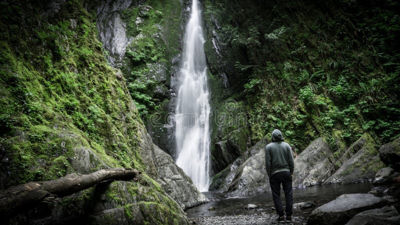 Man Standing Under the Waterfall in Canada BC Stock Image - Image of ...