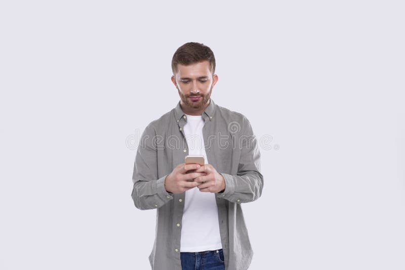Man Standing Using Phone Isolated. Man Texting on Phone. Technology ...