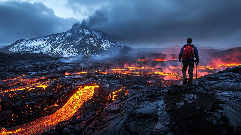 Man Standing Volcano Red Backpack Stock Photos - Free & Royalty-Free ...