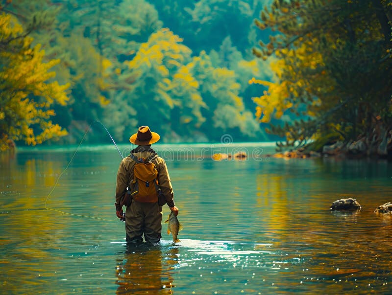 A Man Standing in the Water with a Fishing Rod Stock Illustration ...