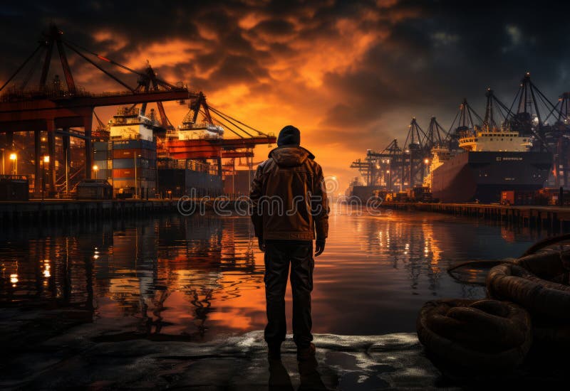 Man is Standing on Wharf and Looking at the Container Terminal and ...