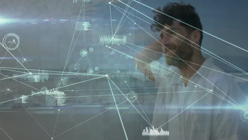 Man Standing by Window with Digital Network Connections Overlay ...