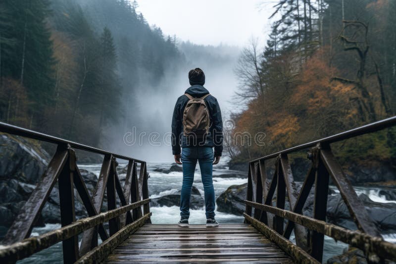 Man Standing on a Wooden Bridge Over a Waterfall in the Autumn Forest ...