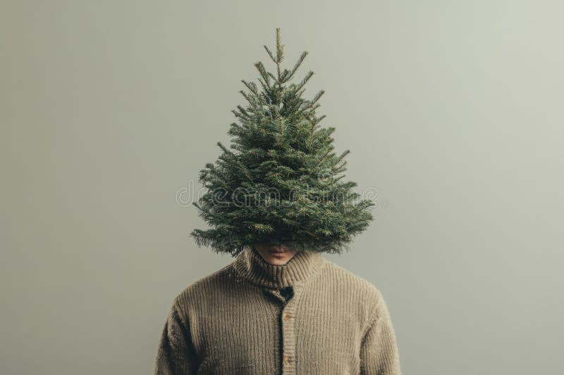 A Man Stands Against a Light Studio Background with a Christmas Tree ...