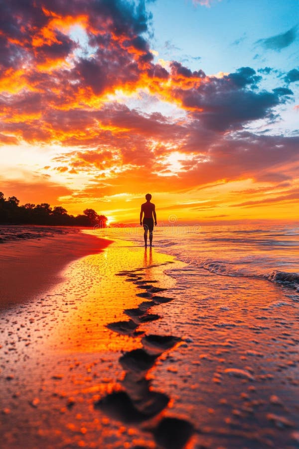 Man Stands on Beach at Sunset Contemplating Diverging Paths in the Sand ...