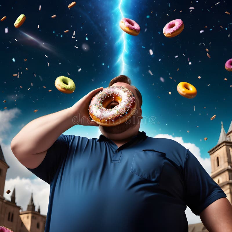 A Man Stands Beneath a Sky Full of Falling Donuts in a Fun and Happy ...